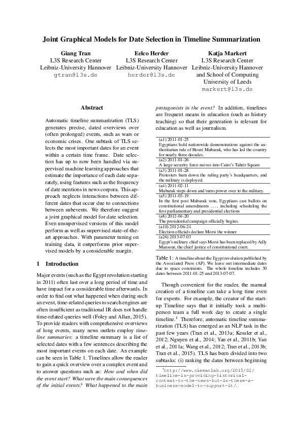 (PDF) Joint Graphical Models for Date Selection in Timeline Summarization | Giang Trần ...