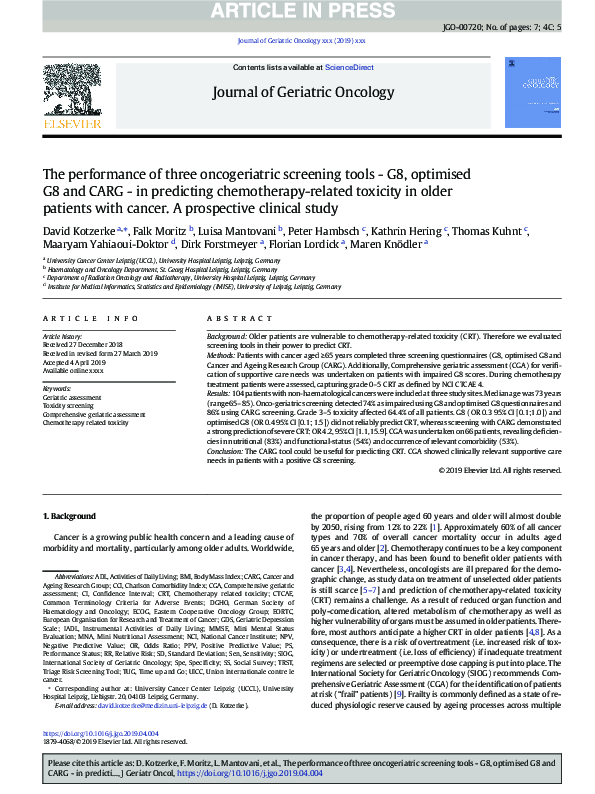 (PDF) The performance of three oncogeriatric screening tools - G8 ...