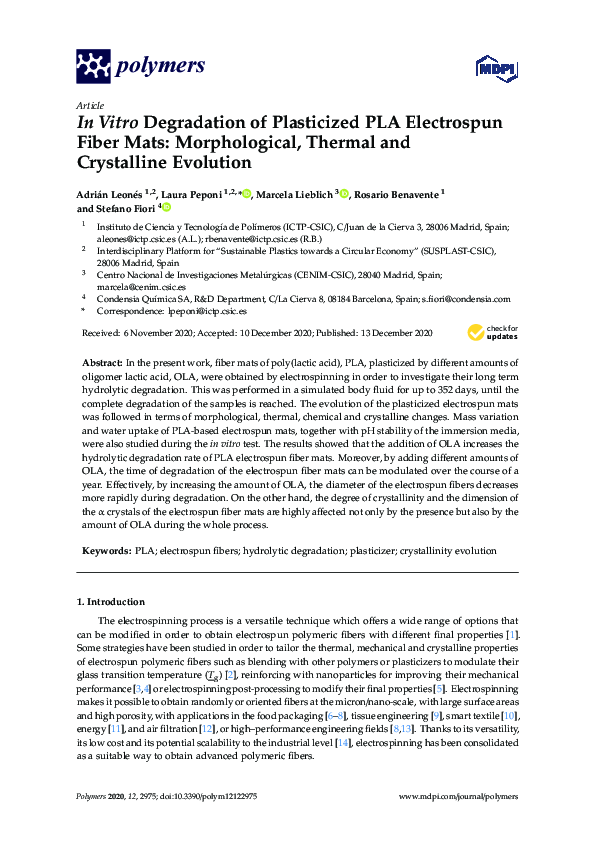 (PDF) In Vitro Degradation of Plasticized PLA Electrospun Fiber Mats: Morphological, Thermal and ...