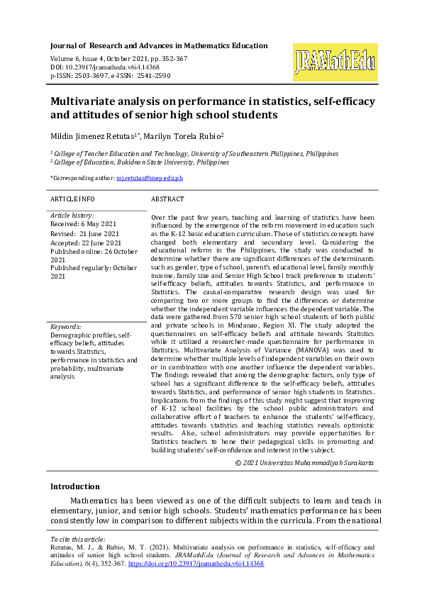 (PDF) Multivariate analysis on performance in statistics, self-efficacy and attitudes of senior ...