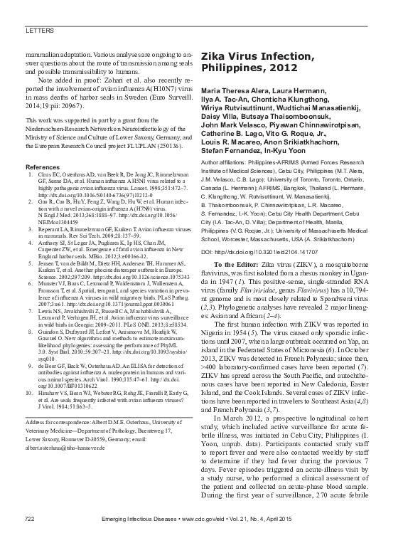 (PDF) Zika Virus Infection, Philippines, 2012 | Filipinas Natividad ...