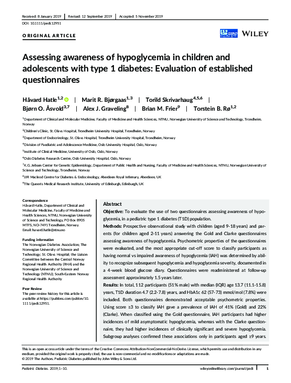 (PDF) Assessing awareness of hypoglycemia in children and adolescents ...