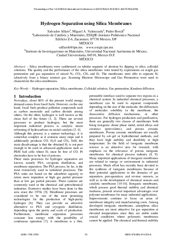 (PDF) Hydrogen Separation using Silica Membranes