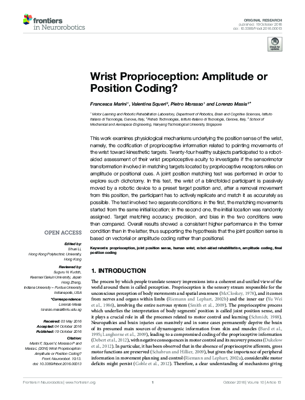 (PDF) Wrist Proprioception: Amplitude or Position Coding?