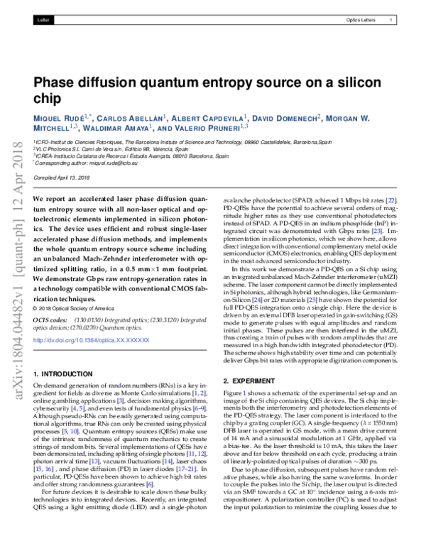 (PDF) Phase diffusion quantum entropy source on a silicon chip