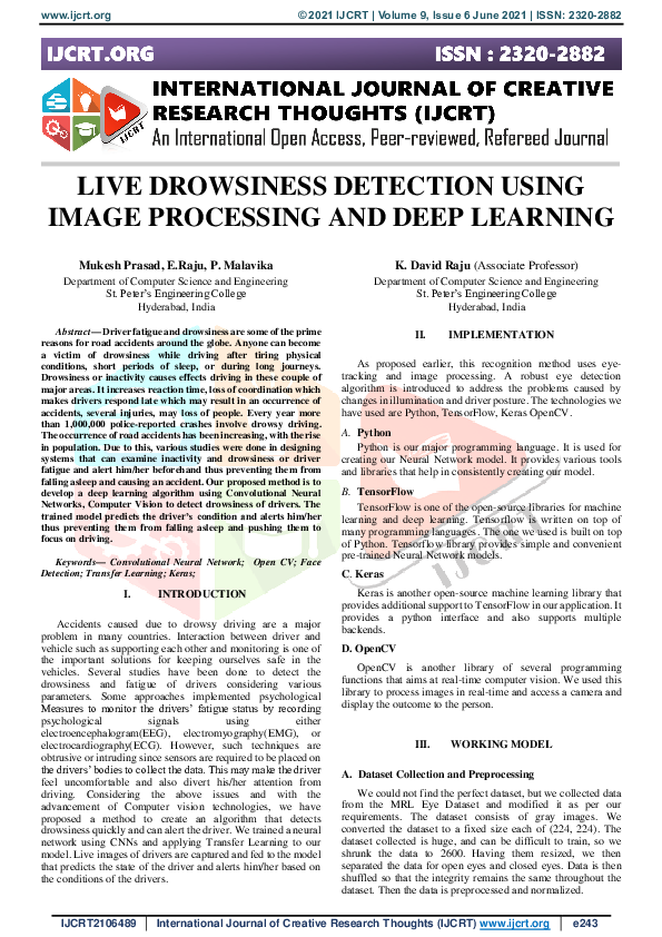 (PDF) Live Drowsiness Detection Using Image Processing and Deep Learning