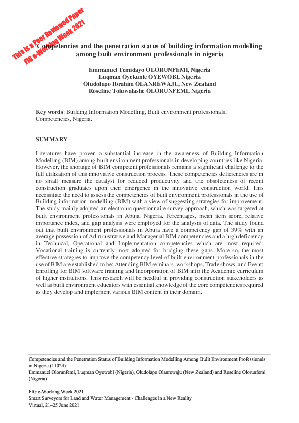 (PDF) Competencies and the penetration status of building information modelling among built ...