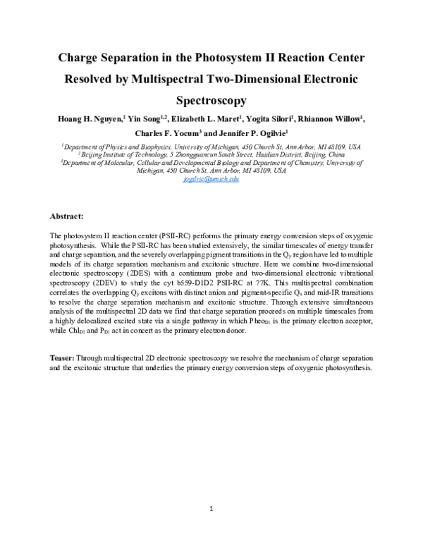 (PDF) Charge Separation in the Photosystem II Reaction Center Resolved by Multispectral Two ...