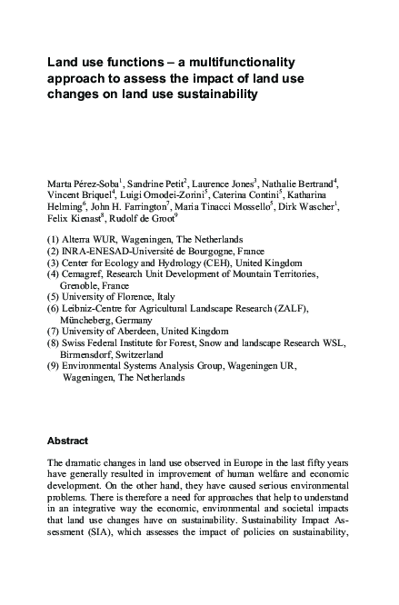 (PDF) Land use functions — a multifunctionality approach to assess the ...