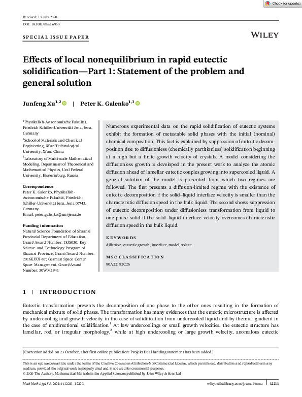 (PDF) Effects of local non-equilibrium in rapid eutectic solidification. Part 1: statement of ...