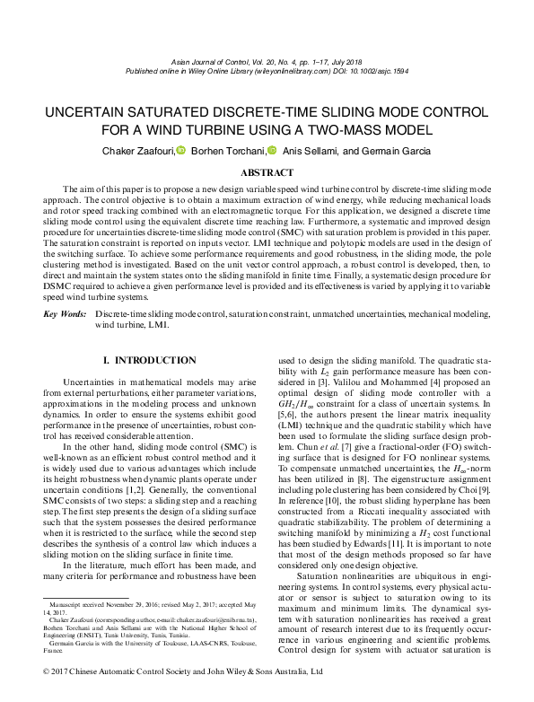(PDF) Uncertain Saturated Discrete-Time Sliding Mode Control for A Wind ...