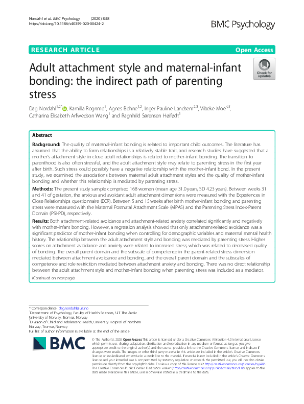 (PDF) Adult attachment style and maternal-infant bonding: the indirect path of parenting stress ...