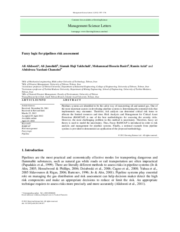 (PDF) Fuzzy logic for pipelines risk assessment | Siamak Haji Yakhchali - Academia.edu
