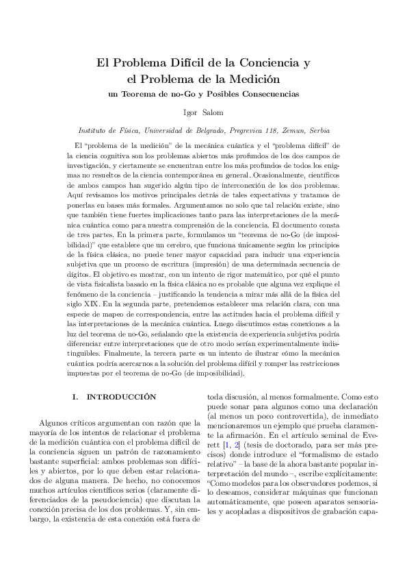 (PDF) El Problema Difícil de la Conciencia y el Problema de la Medición ...