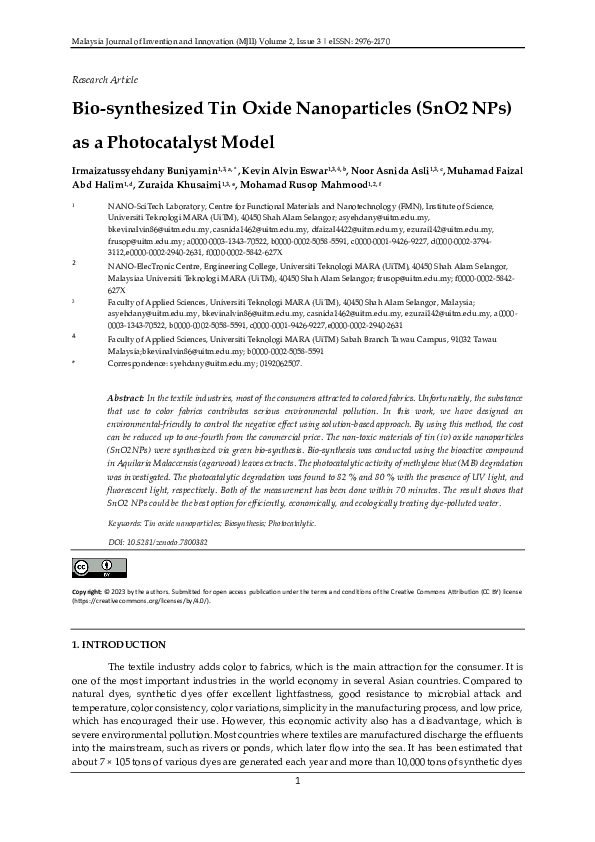 (PDF) Bio-synthesized Tin Oxide Nanoparticles (SnO2 NPs) as a ...