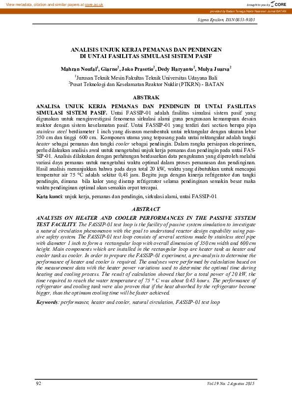 (PDF) Analisis Unjuk Kerja Pemanas Dan Pendingin DI Untai Fasilitas Simulasi Sistem Pasif
