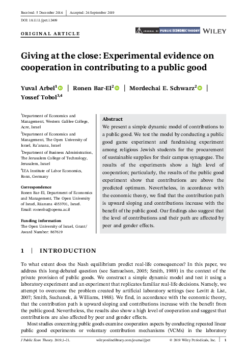 (PDF) Giving at the close: Experimental evidence on cooperation in ...