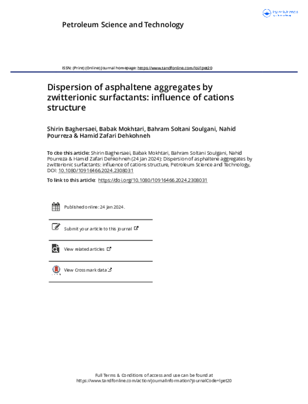 (PDF) Dispersion of asphaltene aggregates by zwitterionic surfactants ...