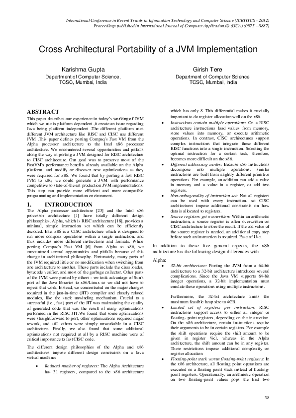 (PDF) Cross Architectural Portability of a JVM Implementation