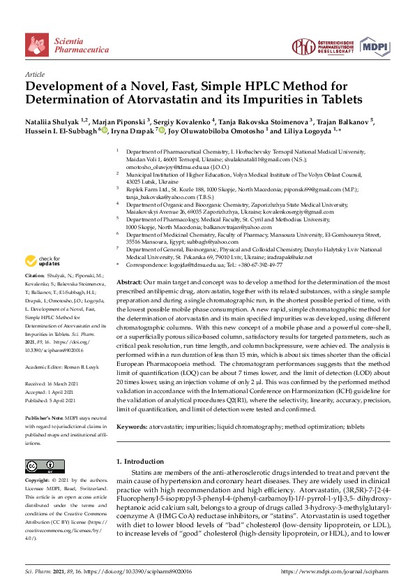 Pdf Development Of A Novel Fast Simple Hplc Method For Determination Of Atorvastatin And Its