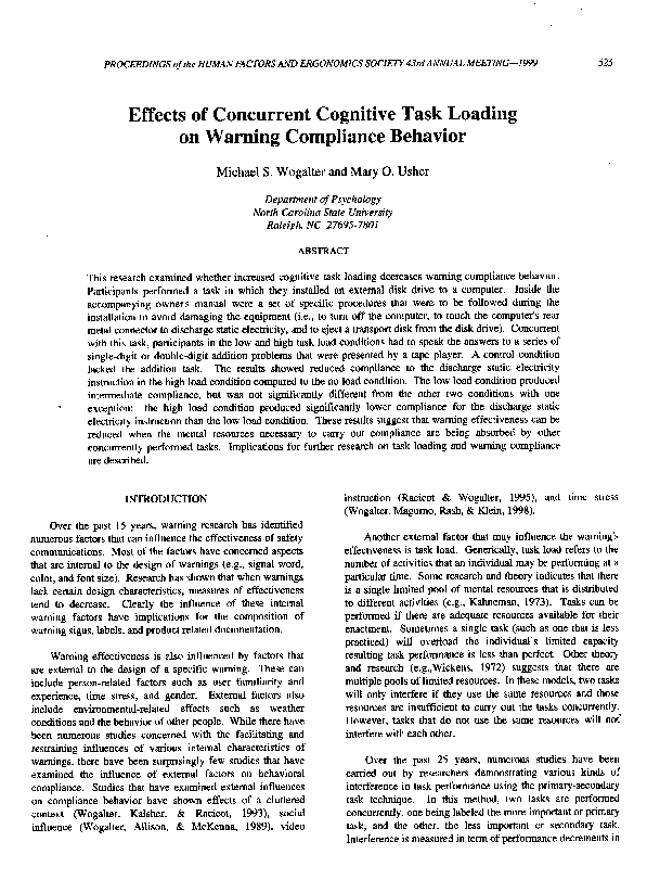 (PDF) Effects of Concurrent Cognitive Task Loading on Warning Compliance Behavior