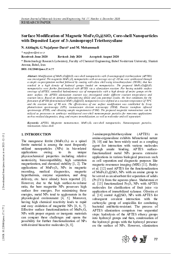 (PDF) Surface Modification of Magnetic MnFe2O4@SiO2 Core-shell Nanoparticles with deposited ...