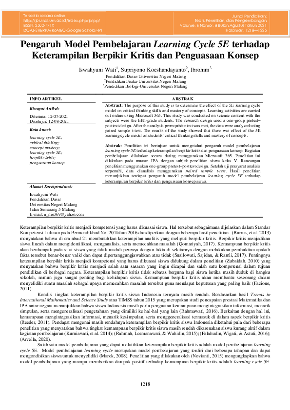 (PDF) Pengaruh Model Pembelajaran Learning Cycle 5E terhadap Keterampilan Berpikir Kritis dan ...