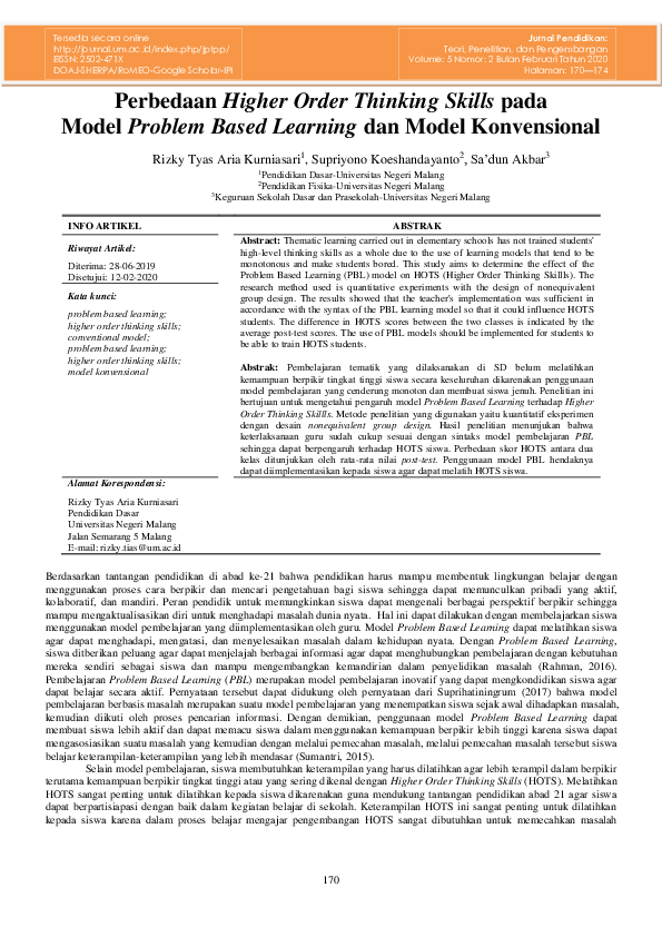 (PDF) Perbedaan Higher Order Thinking Skills pada Model Problem Based ...