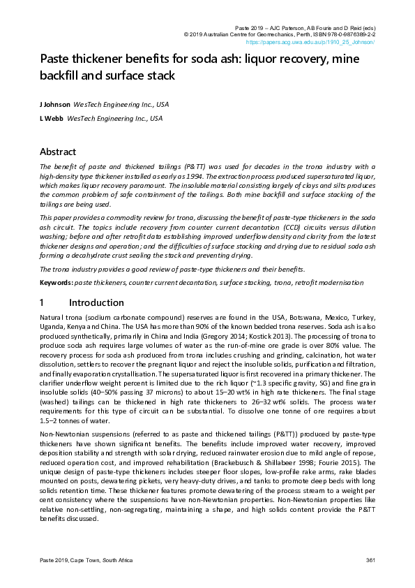 (PDF) Paste thickener benefits for soda ash: liquor recovery, mine ...