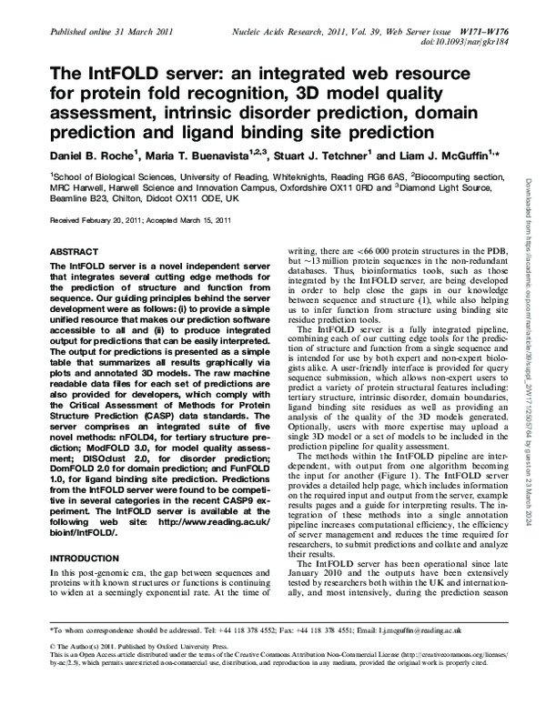 (PDF) The IntFOLD server: an integrated web resource for protein fold ...