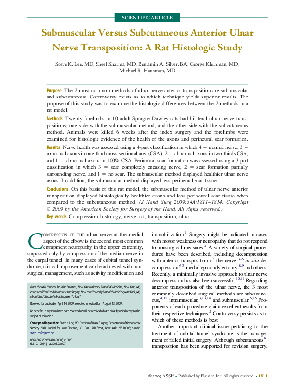 (PDF) Submuscular Versus Subcutaneous Anterior Ulnar Nerve ...