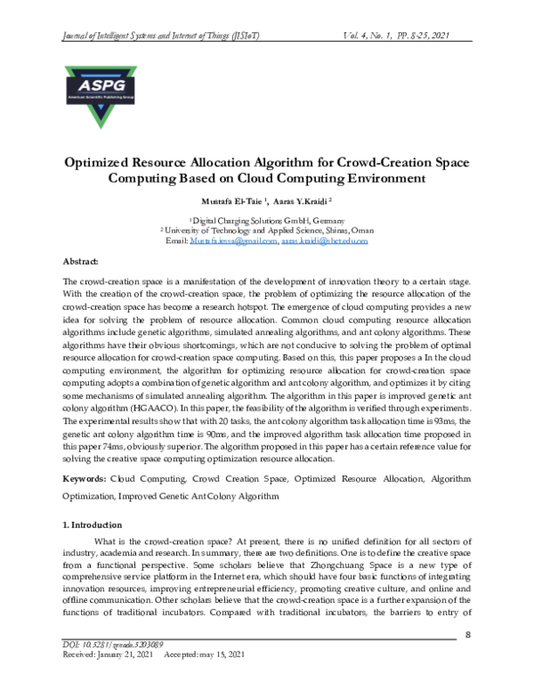 Pdf Optimized Resource Allocation Algorithm For Crowd Creation Space Computing Based On Cloud