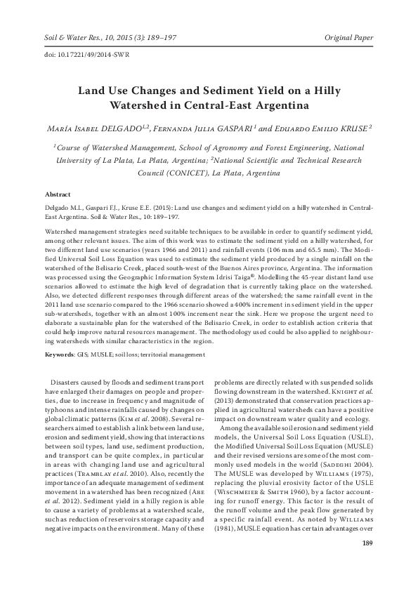 (PDF) Land use changes and sediment yield on a hilly watershed in Central-East Argentina