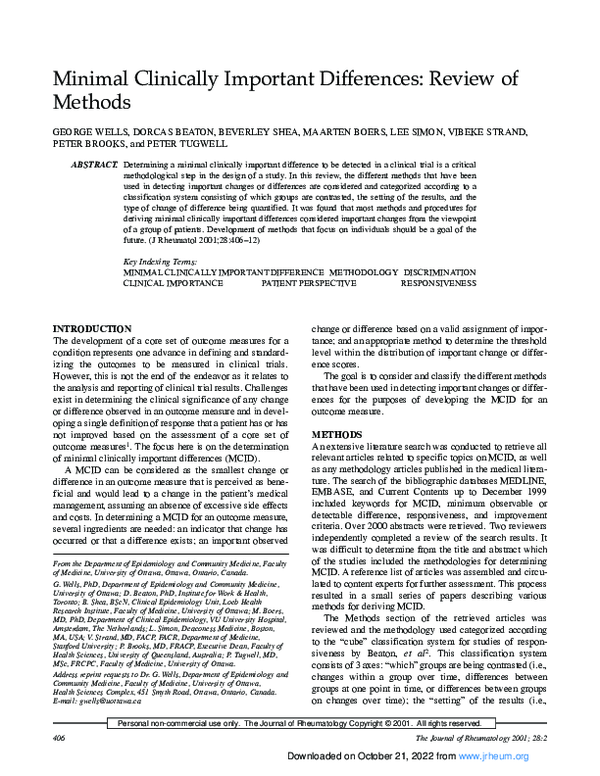 (PDF) Minimal clinically important differences: review of methods