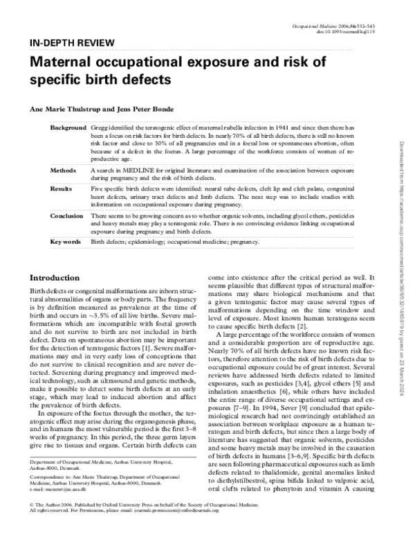 (PDF) Maternal occupational exposure and risk of specific birth defects