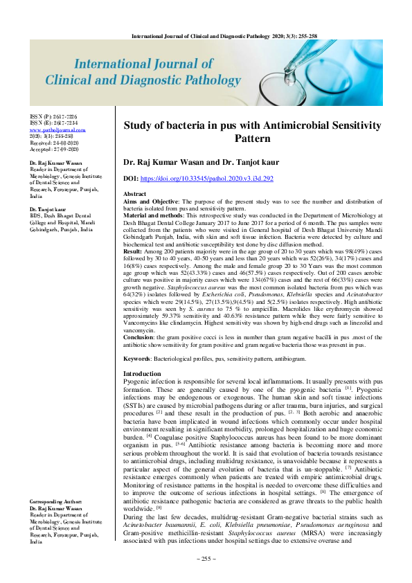 (PDF) Study of bacteria in pus with Antimicrobial Sensitivity Pattern
