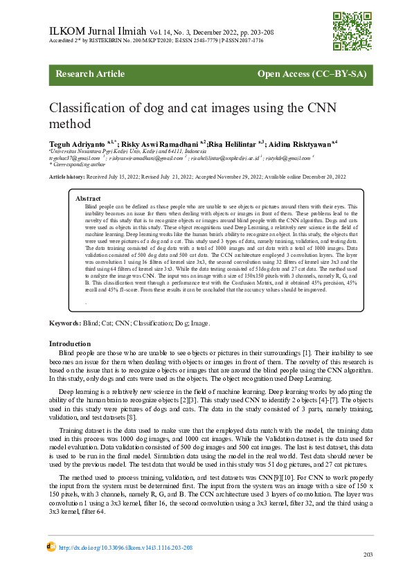 (PDF) Classification of Dog and Cat Images using the CNN Method | Risky ...