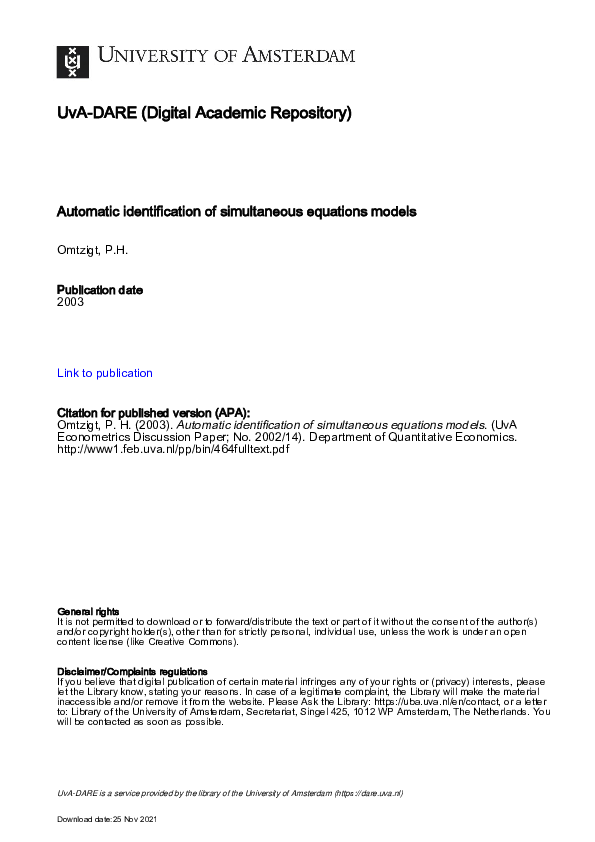 Pdf Automatic Identification Of Simultaneous Equations Models