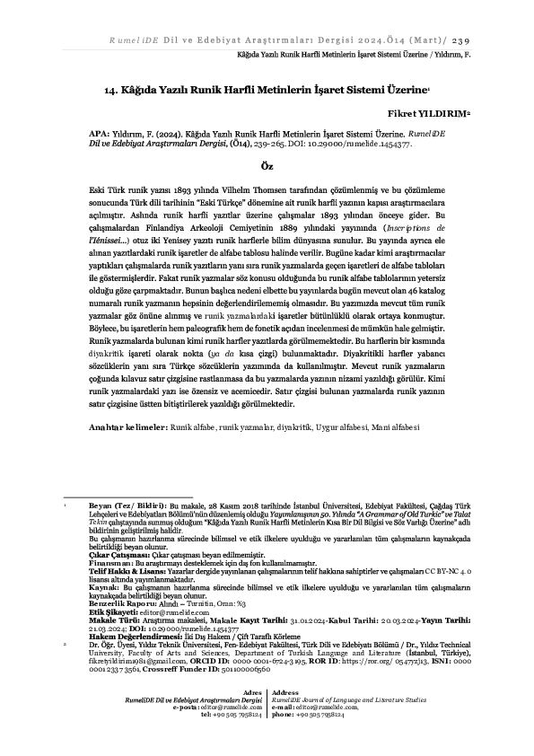 (PDF) Kâğıda Yazılı Runik Harfli Metinlerin İşaret Sistemi Üzerine / On the Character System of ...