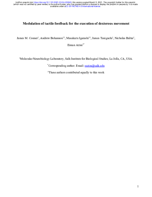 Pdf Modulation Of Tactile Feedback For The Execution Of Dexterous Movement