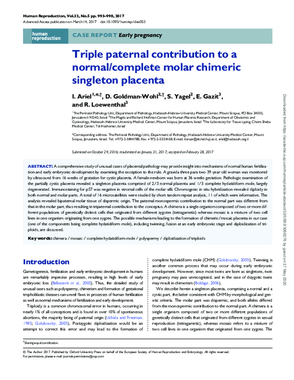 (PDF) Triple paternal contribution to a normal/complete molar chimeric singleton placenta