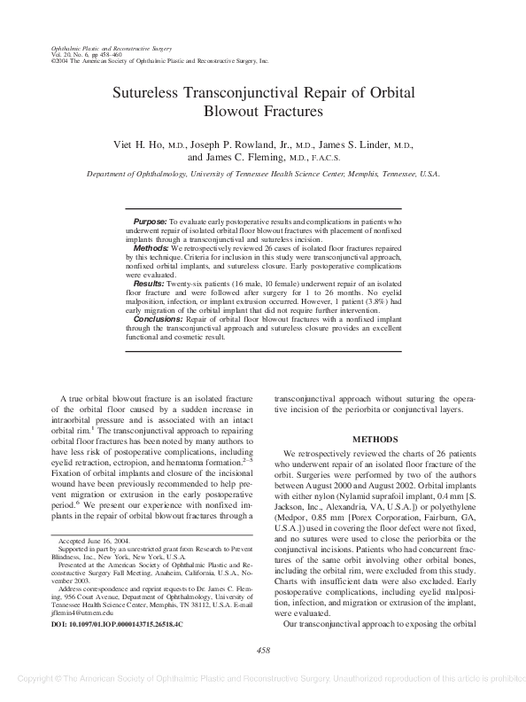 (PDF) Sutureless Transconjunctival Repair of Orbital Blowout Fractures