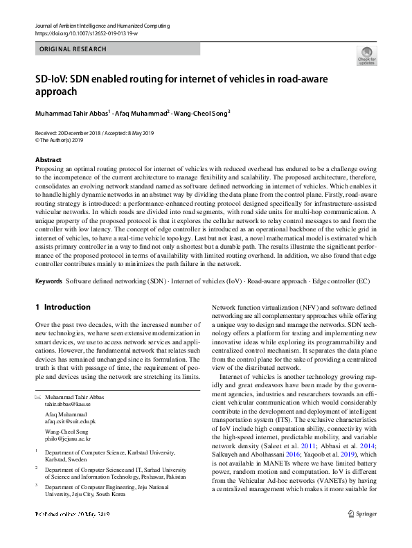 Pdf Sd Iov Sdn Enabled Routing For Internet Of Vehicles In Road Aware Approach
