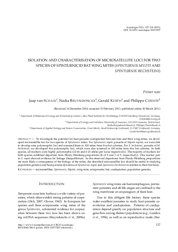 (PDF) Isolation and characterisation of microsatellite loci for two species of Spinturnicid bat ...