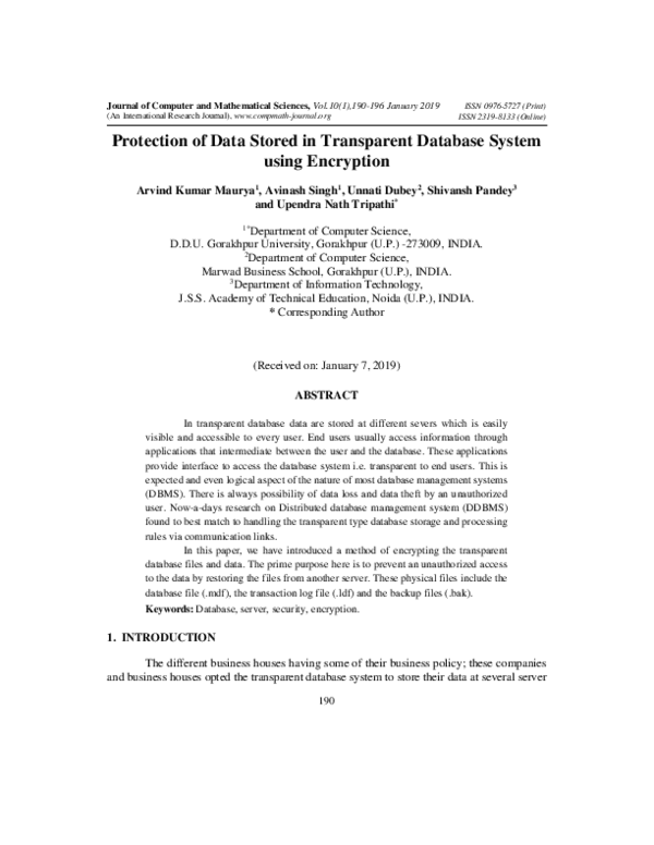 (PDF) Protection of Data Stored in Transparent Database System using Encryption