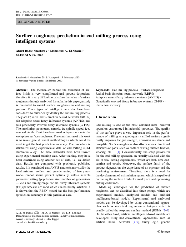(PDF) Surface roughness prediction in end milling process using intelligent systems