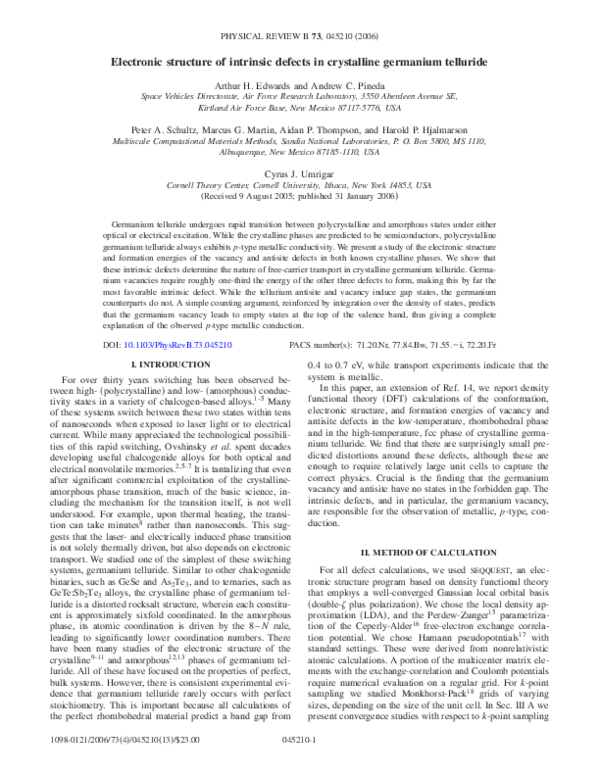 (PDF) Electronic structure of intrinsic defects in crystalline ...