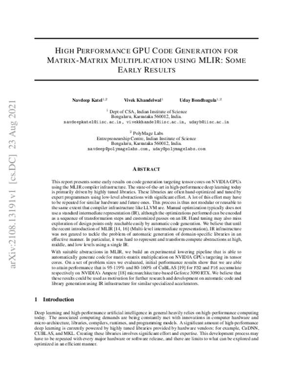 (PDF) High Performance GPU Code Generation for Matrix-Matrix Multiplication using MLIR: Some ...