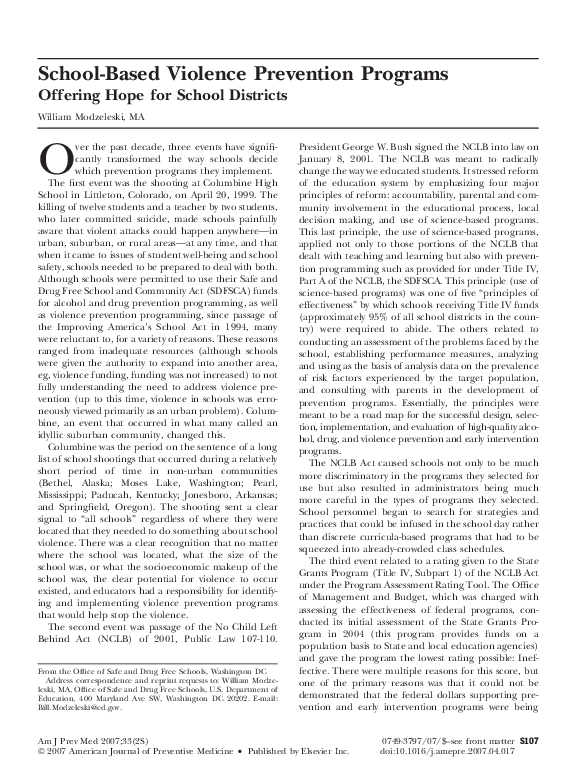 (PDF) School-Based Violence Prevention Programs