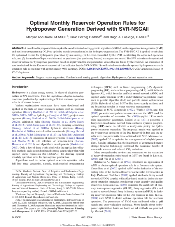 (PDF) Optimal Monthly Reservoir Operation Rules for Hydropower Generation Derived with SVR-NSGAII
